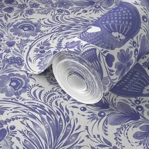 Spoonflower Peacock Periwinkle White Damask Decorative Traditional Wallpaper - Purple,white,gray