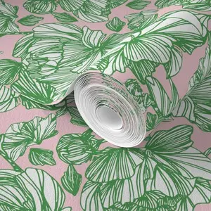 Spoonflower Vacation Flowers Tropical Blooms Pink Green Key Traditional Wallpaper - Green,pink
