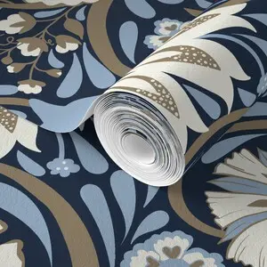Spoonflower Florals Blue Whimsical Navy Natural Mushroom Traditional Wallpaper - Blue,brown,gray