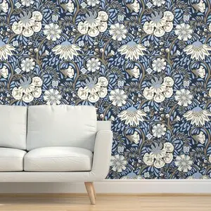 Spoonflower Florals Blue Whimsical Navy Natural Mushroom Traditional Wallpaper