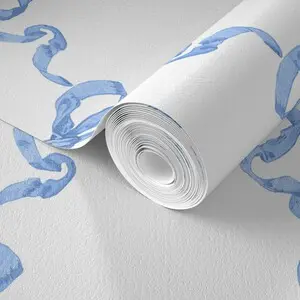 Spoonflower Nursery French Trellis White Blue Traditional Bow Traditional Wallpaper - Blue,white