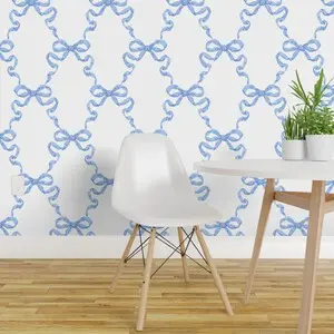 Spoonflower Nursery French Trellis White Blue Traditional Bow Traditional Wallpaper