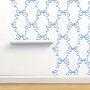Spoonflower Nursery French Trellis White Blue Traditional Bow Traditional Wallpaper
