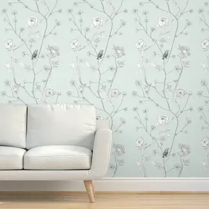 Spoonflower Modern Peony Duck Egg Chinoiserie Simple Gray Traditional Wallpaper