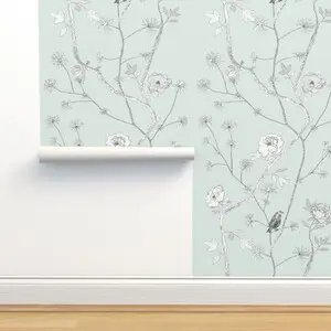 Spoonflower Modern Peony Duck Egg Chinoiserie Simple Gray Traditional Wallpaper