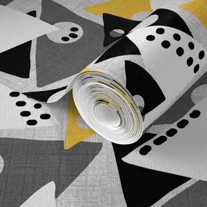 Spoonflower Mod Retro Grey Black White Yellow Modern Geometric Traditional Wallpaper - Gray,yellow,black