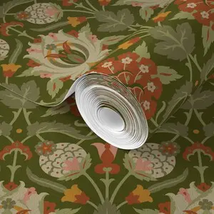 Spoonflower Damask Renaissance Medieval Morris Inspired Traditional Wallpaper - Green,red,brown