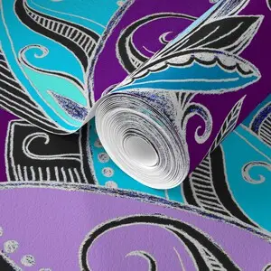 Spoonflower Art Deco Lotus Turquoise Purple Teal Nouveau Traditional Wallpaper - Purple,blue