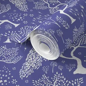 Spoonflower Peacock Trees White Purple Simple Garden Violet Traditional Wallpaper - Purple,white,gray