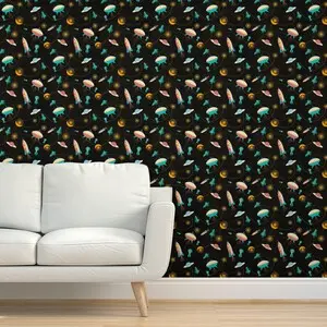 Spoonflower Rockets Aliens Black Background Outer Space Traditional Wallpaper