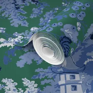 Spoonflower Chinoiserie Blue Green Antique Emerald Toile Traditional Wallpaper - Blue,green