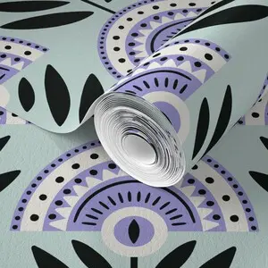 Spoonflower Bold Retro Floral Lilac Blue Flowers Purple Traditional Wallpaper - Blue,purple
