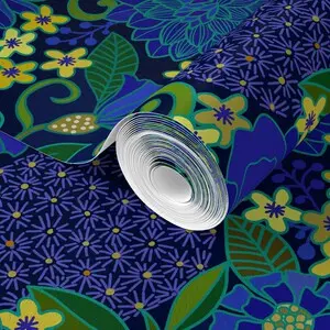 Spoonflower Floral Large Blue Flowers Retro Jewel Traditional Wallpaper - Blue,green
