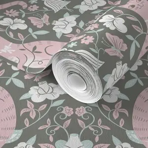 Spoonflower Cats Damask Rose Grey Butterfly Feminine Roses Traditional Wallpaper Pink,gray,green