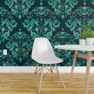 Spoonflower Love Science Damask Peacock Jade Solar System Traditional Wallpaper