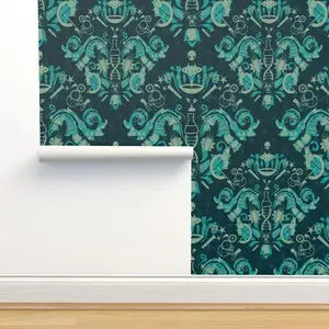 Spoonflower Love Science Damask Peacock Jade Solar System Traditional Wallpaper