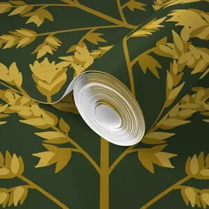 Spoonflower Grass Pattern Vintage Green Large Floral Nature Traditional Wallpaper - Green,gold,yellow