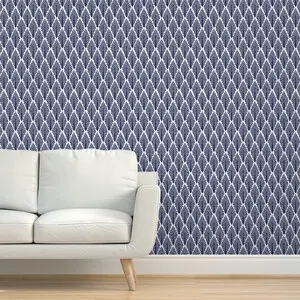 Spoonflower Leaf Diamond White Blue Leaves Botanical Plant Traditional Wallpaper