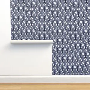 Spoonflower Leaf Diamond White Blue Leaves Botanical Plant Traditional Wallpaper