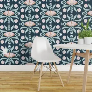 Spoonflower Floral Butterfly Pink Navy Moth Line Art Botanical Traditional Wallpaper - Blue,pink,gray