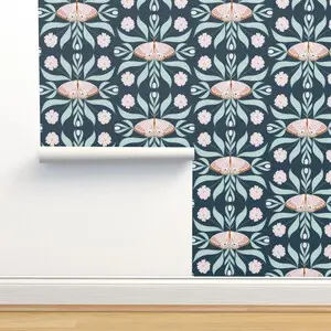Spoonflower Floral Butterfly Pink Navy Moth Line Art Botanical Traditional Wallpaper - Blue,pink,gray