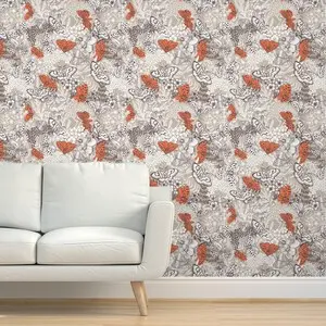 Spoonflower Moths Florals Flower Vintage Butterfly Red Brown Traditional Wallpaper - Beige,orange,gray