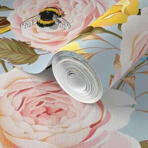 Spoonflower Spring Flora Yellow Pink Vintage Cute Chic Elegant Traditional Wallpaper - Blue,yellow,gray