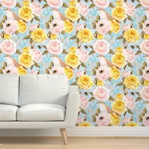 Spoonflower Spring Flora Yellow Pink Vintage Cute Chic Elegant Traditional Wallpaper