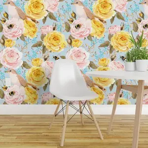 Spoonflower Spring Flora Yellow Pink Vintage Cute Chic Elegant Traditional Wallpaper