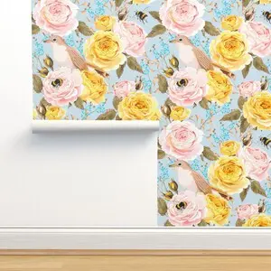 Spoonflower Spring Flora Yellow Pink Vintage Cute Chic Elegant Traditional Wallpaper