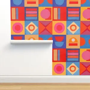 Spoonflower Retro Block Bright Quilt Circles Geometric Traditional Wallpaper