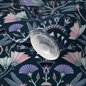 Spoonflower Art Deco Dragonflies Lotus Flowers Egyptian Style Traditional Wallpaper - Blue,purple