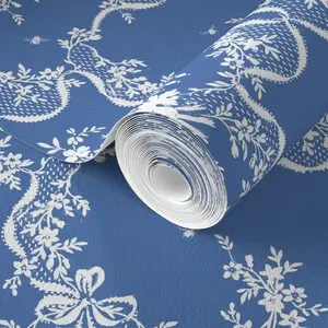 Spoonflower Toile Flowers Floral Blue White Delft Birds French Traditional Wallpaper - Blue,white