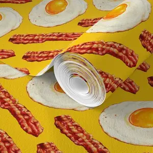 Spoonflower Bacon Eggs Bright Yellow Kitsch Breakfast Foods Traditional Wallpaper Yellow,beige,orange