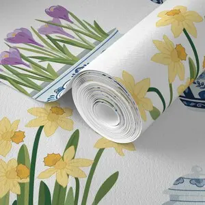 Spoonflower Floral Pots Vases Tulips Flowers Chinoiserie Delft Traditional Wallpaper - White,blue,green