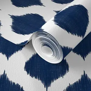 Spoonflower Navy White Ikat Ogee Faux Textured Woven Look Traditional Wallpaper - Blue,white,gray