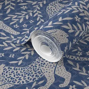 Spoonflower Jungle Cat Classic Blue Grey Leopard Bohemian Traditional Wallpaper - Blue,gray