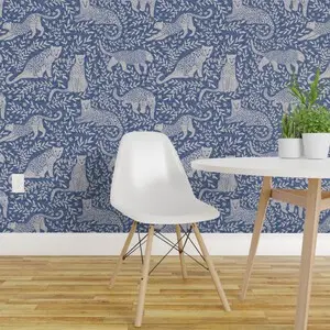 Spoonflower Jungle Cat Classic Blue Grey Leopard Bohemian Traditional Wallpaper