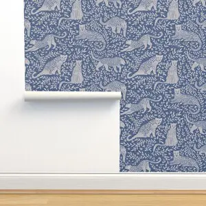 Spoonflower Jungle Cat Classic Blue Grey Leopard Bohemian Traditional Wallpaper