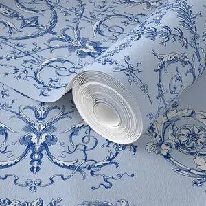 Spoonflower Toile Blueberry Birds Roses White Wedding Traditional Wallpaper - Blue