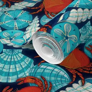 Spoonflower Midnight Scavenger Holiday Summer Beach Tropical Traditional Wallpaper Blue,orange,pink