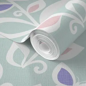 Spoonflower Pink Leaves Butterflies Purple Mint Vines Traditional Wallpaper - Blue,purple,mint