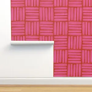 Spoonflower Large Raspberry Stripe Geometric Grid Check Geo Traditional Wallpaper