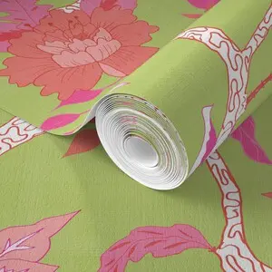 Spoonflower Peony Branch Pink Orange Floral Landscape Traditional Wallpaper - Green,pink