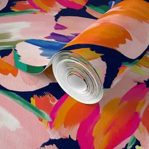 Spoonflower Paint Big Navy Pink Flower Blue Yellow Floral Traditional Wallpaper - Blue,pink