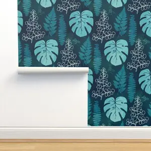 Spoonflower Dark Green Teal Tropical Leaves Jungle Bohemian Traditional Wallpaper - Blue,green,turquoise