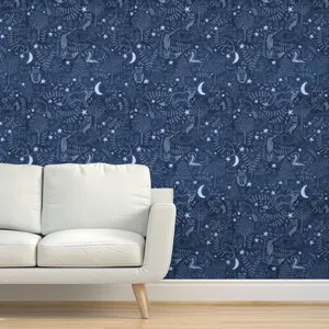 Spoonflower Night Time Forest Denim Blue Owl Animals Navy Fox Traditional Wallpaper
