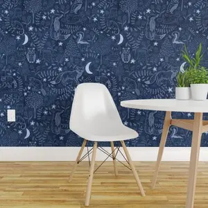 Spoonflower Night Time Forest Denim Blue Owl Animals Navy Fox Traditional Wallpaper