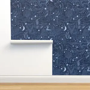 Spoonflower Night Time Forest Denim Blue Owl Animals Navy Fox Traditional Wallpaper