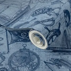 Spoonflower Pirates Adventure Denim Skull Pirate Ship Sea Custom Pre-pasted Wallpaper - Blue